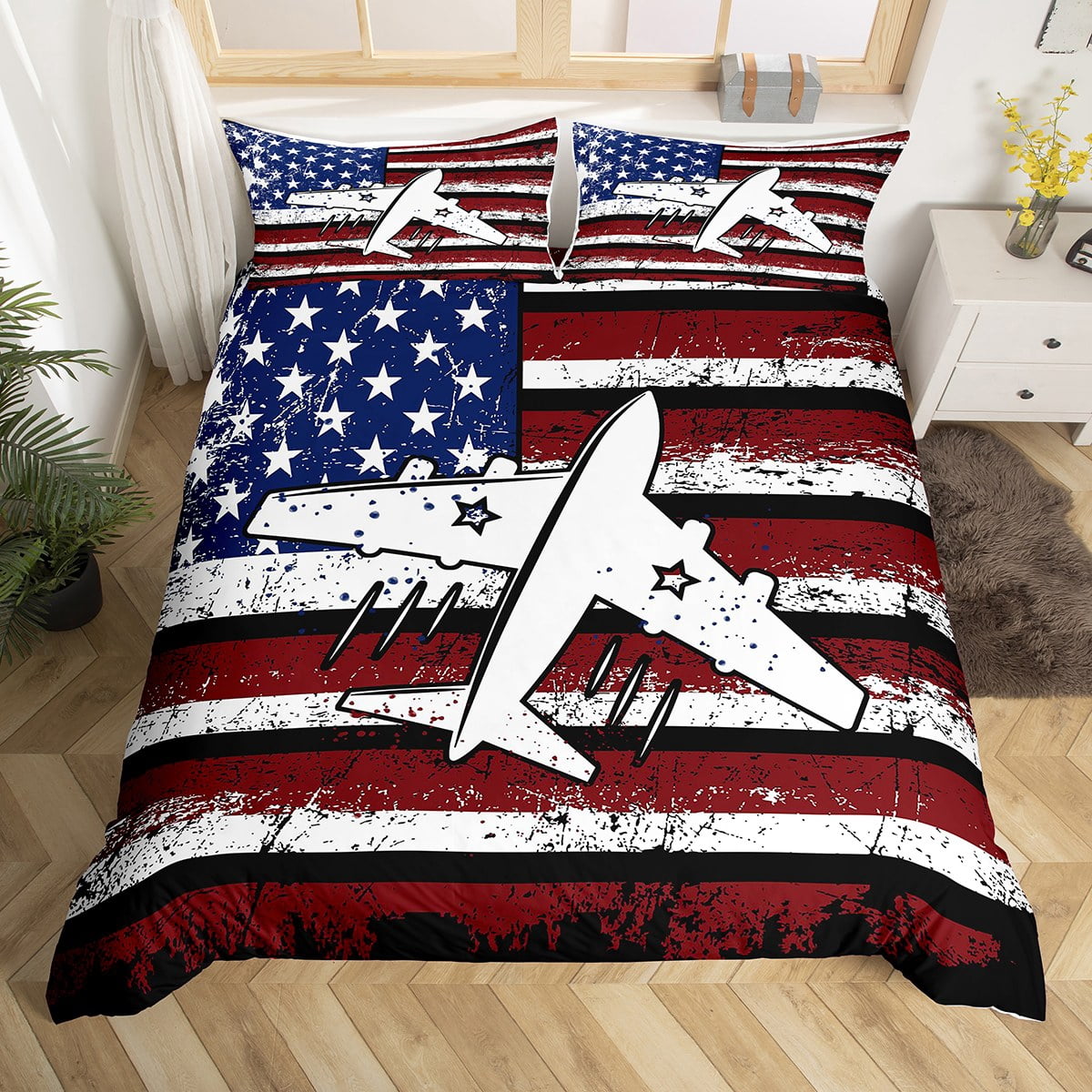American Flag Bedding Set Military Airplane Twin Comforter Cover Young ...