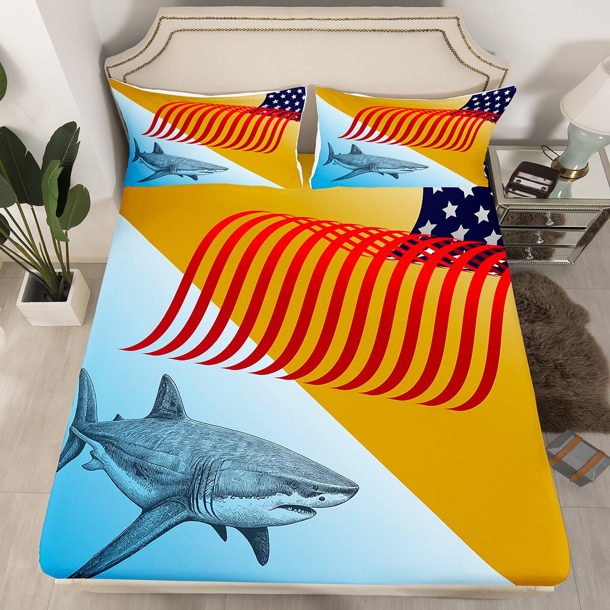 American Flag Bedding Set Shark Fish Fitted Sheet Queen Teens United ...