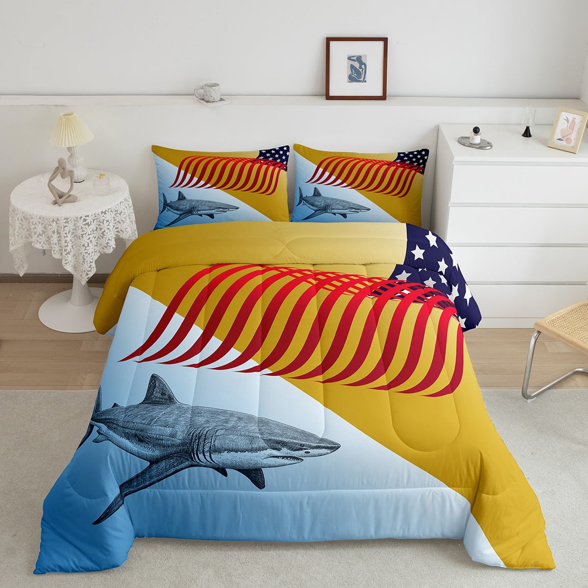 Erosebridal American Flag Bedding Shark Fish Comforter Set Full Teens ...