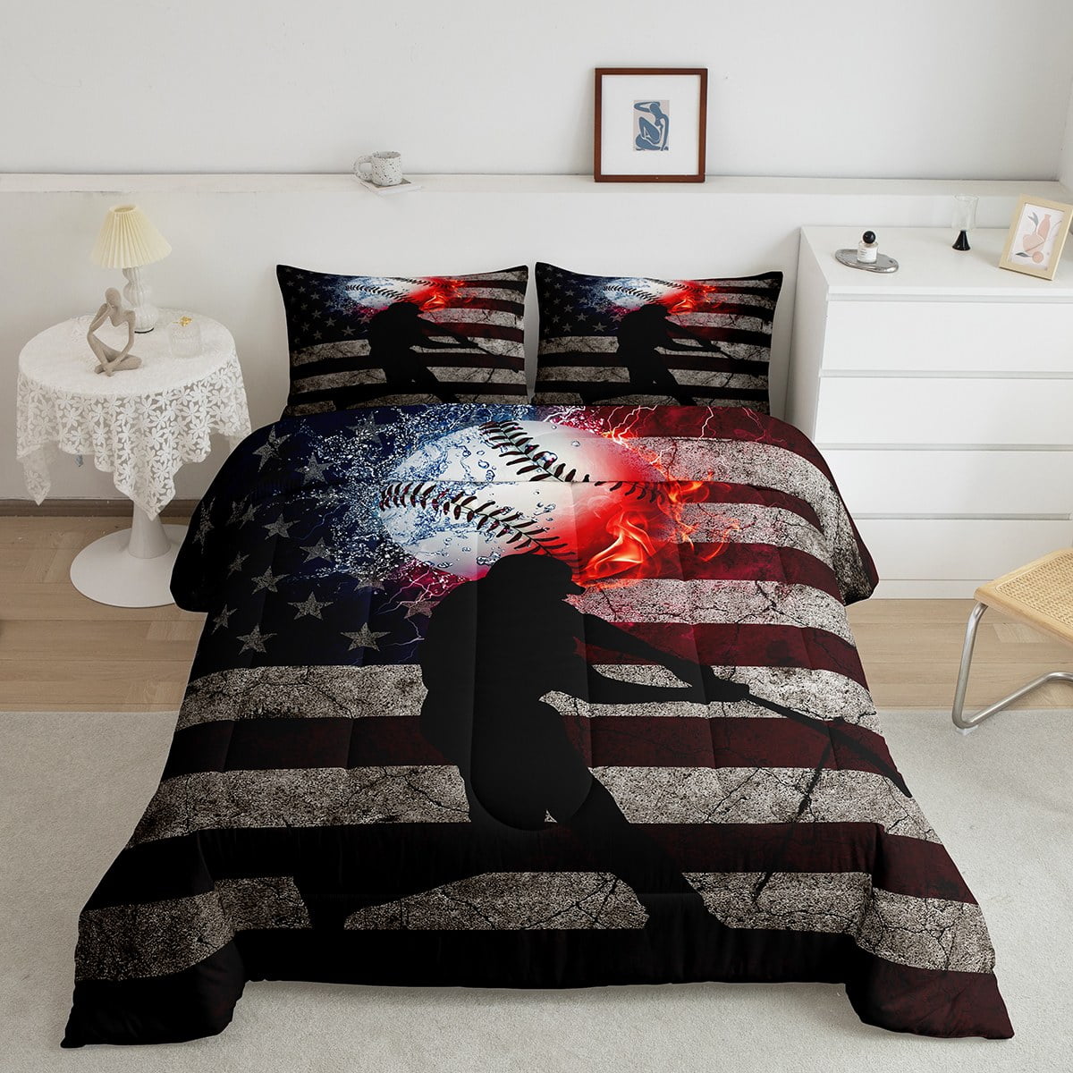 Erosebridal American Flag Comforter King Teen Baseball Bedding Set, Ice ...