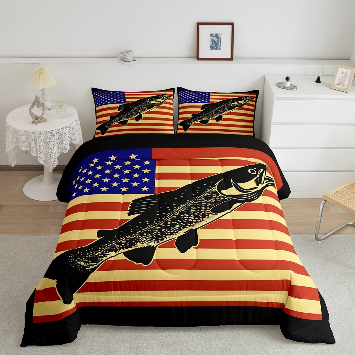 American Flag Comforter Set Twin Teens Fishing Bedding Vintage Usa Flag ...