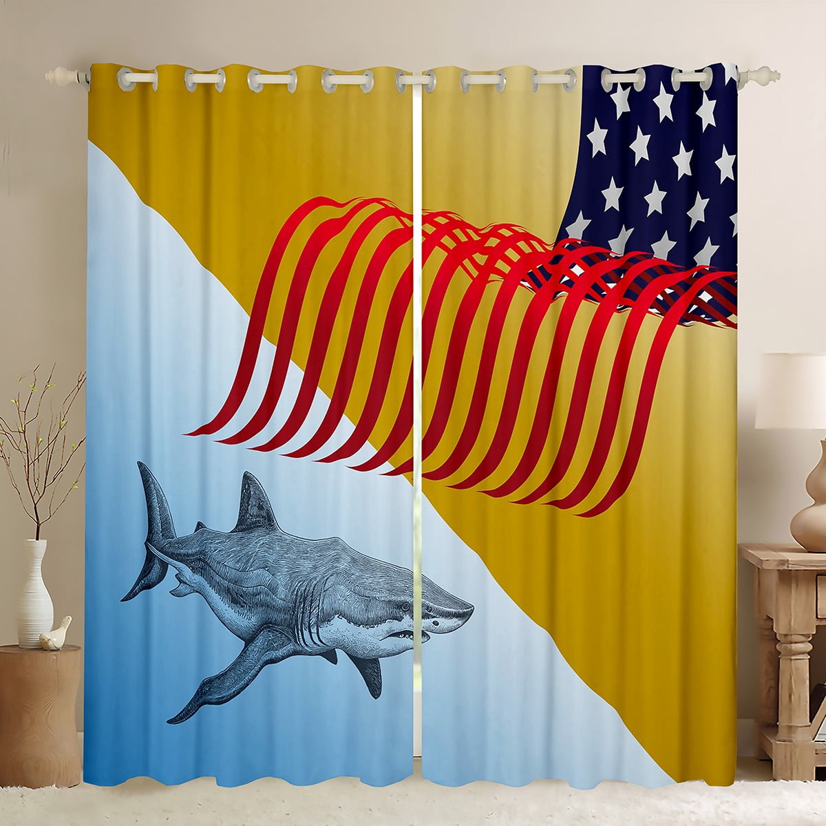 American Flag Curtains & Drapes Shark Fish 30%-50% Blackout Curtains ...