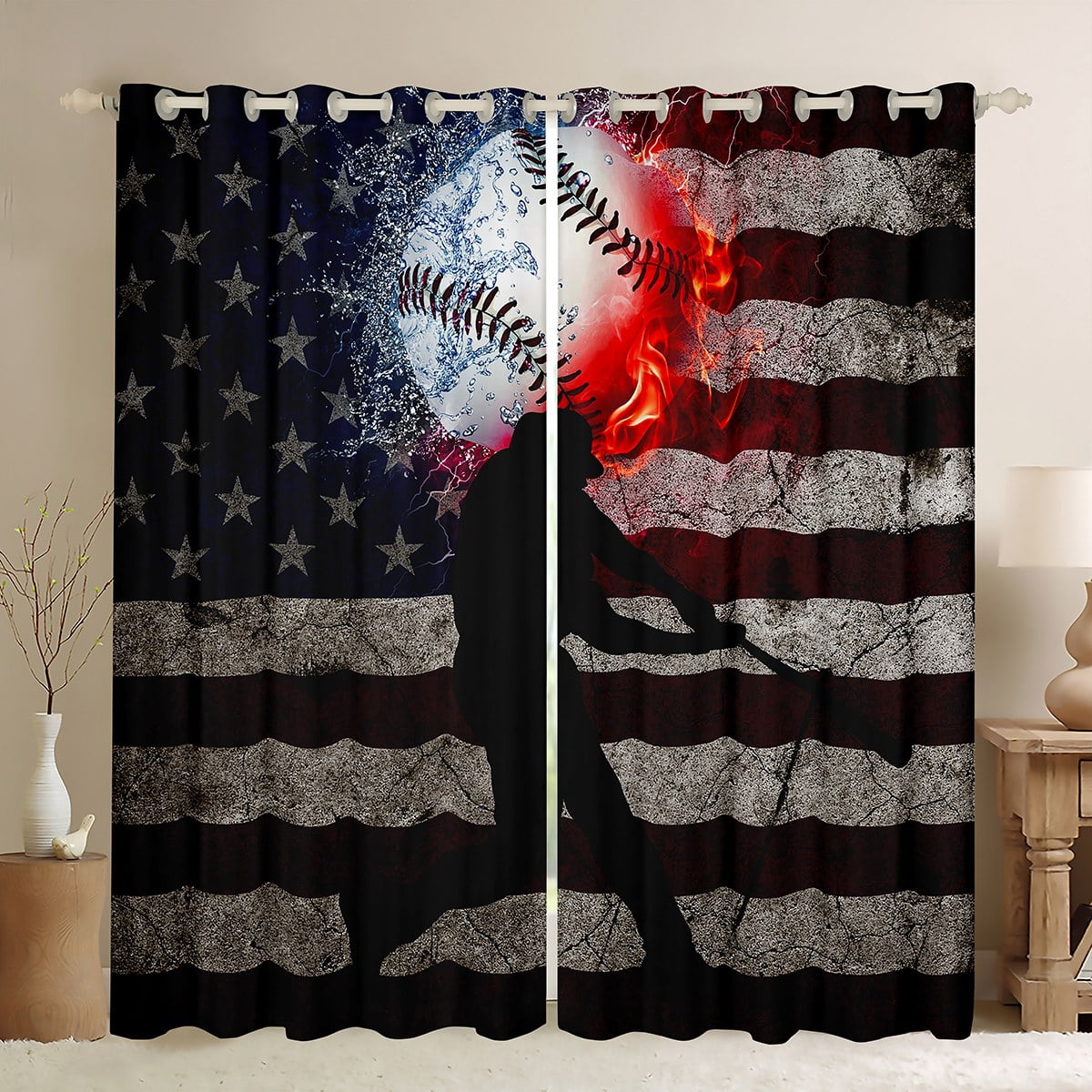YST American Flag Curtains Kids Teen Baseball Curtains & Drapes, Ice ...