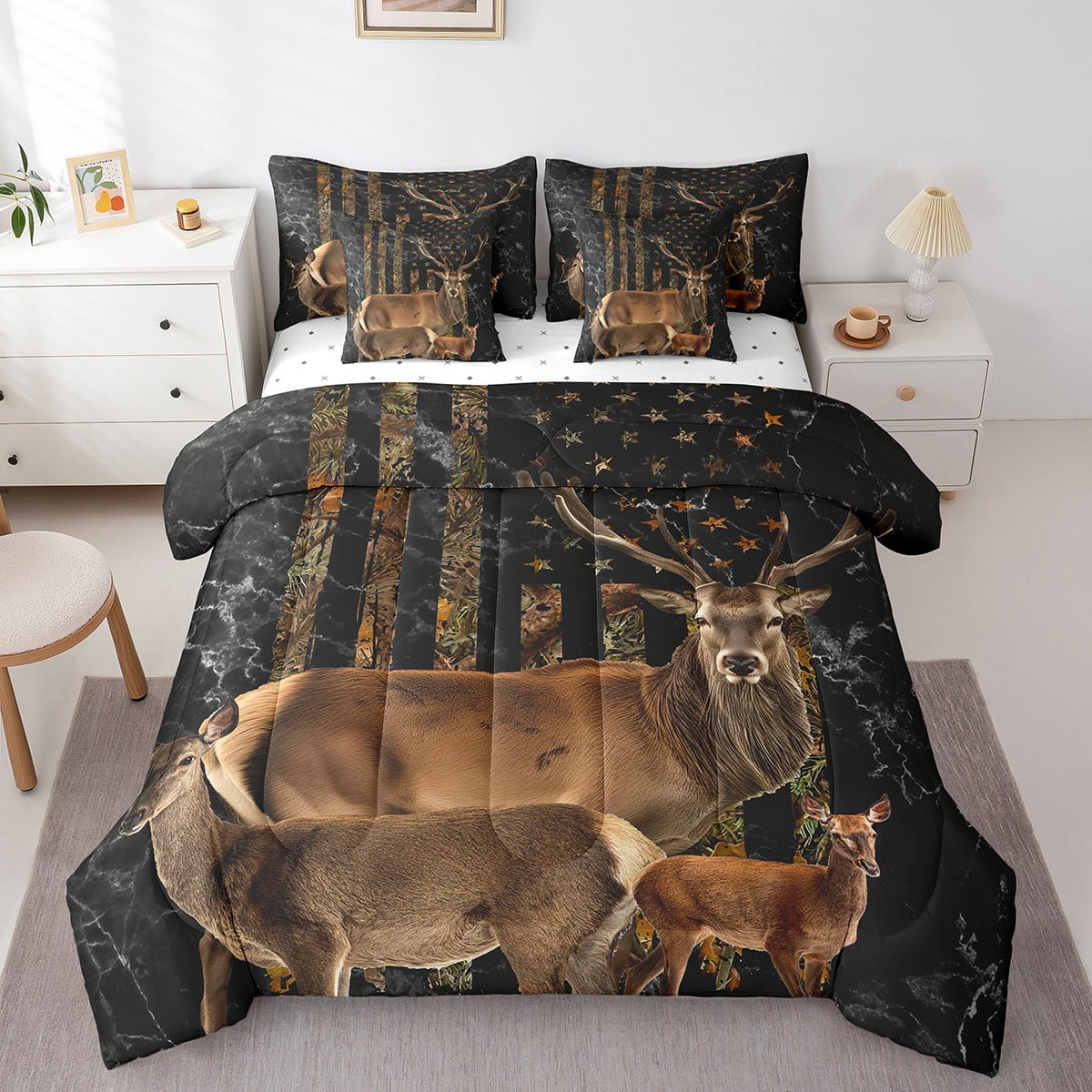 YST American Flag Deer Comforter Set Queen 7 Piece Woodland Animal Print Deer Bed in a Bag USA ...