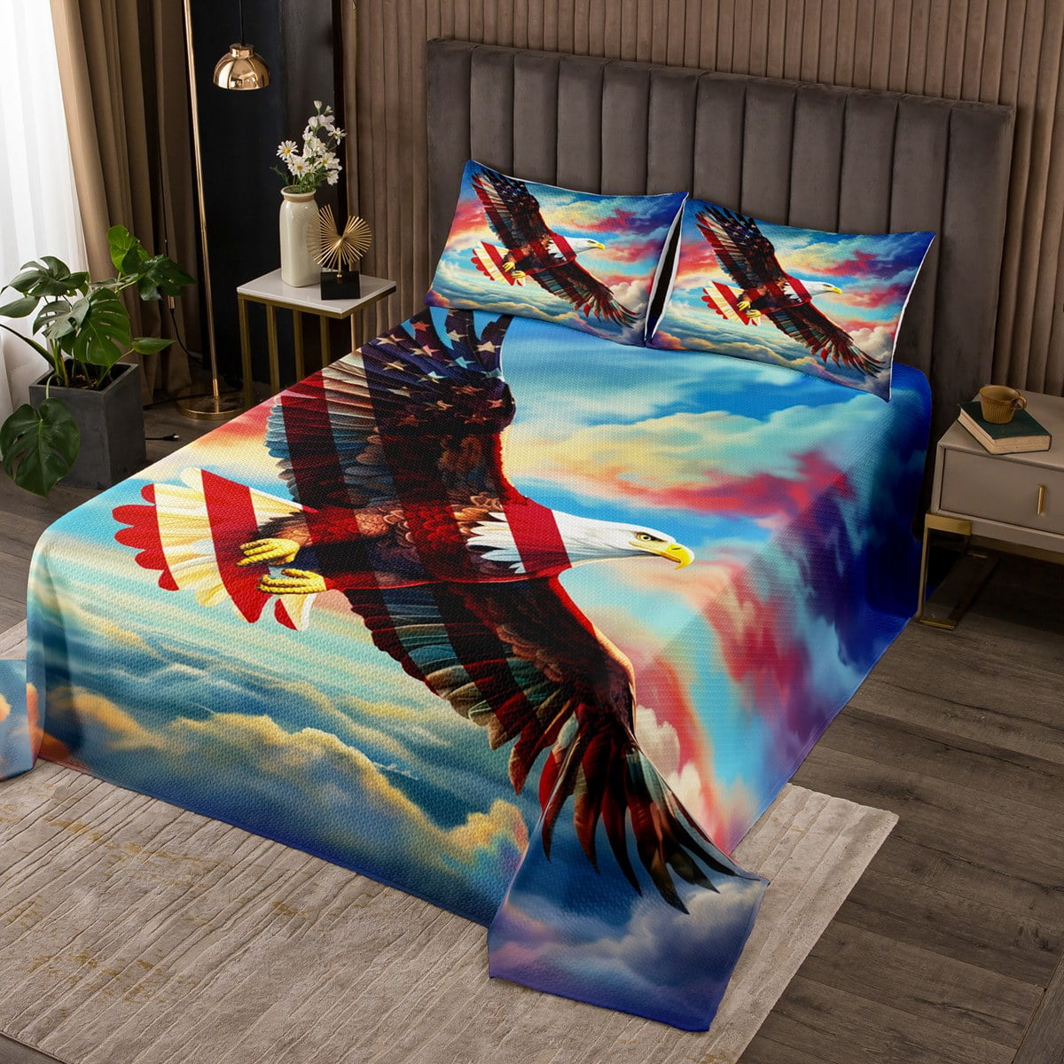 American Flag Eagle King Quilt Set,3D Eagle Bedding Set ,Rainbow Clouds ...
