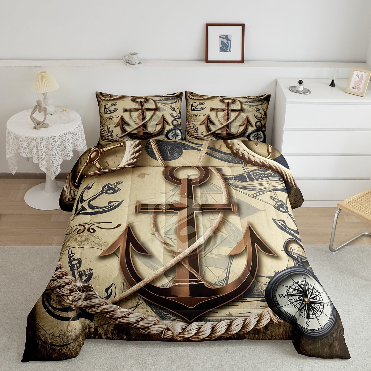 YST Anchor Bedding Set Queen Retro Nautical Comforter Set Ocean ...