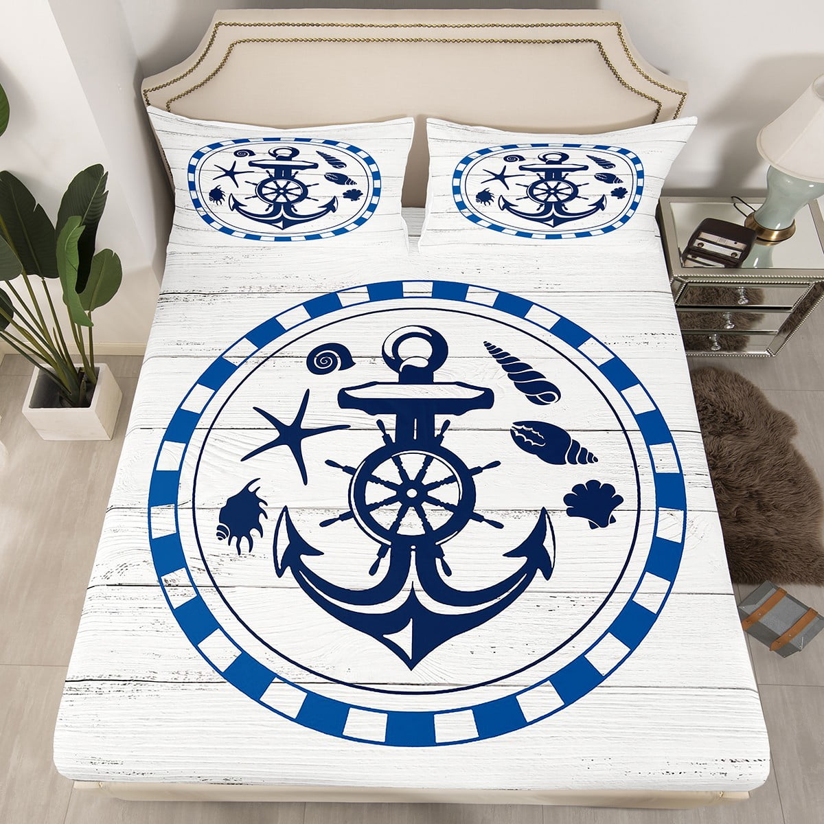 YST Anchor Fitted Sheet for Teens Youth Adult,Blue Ocean Sea Shell ...