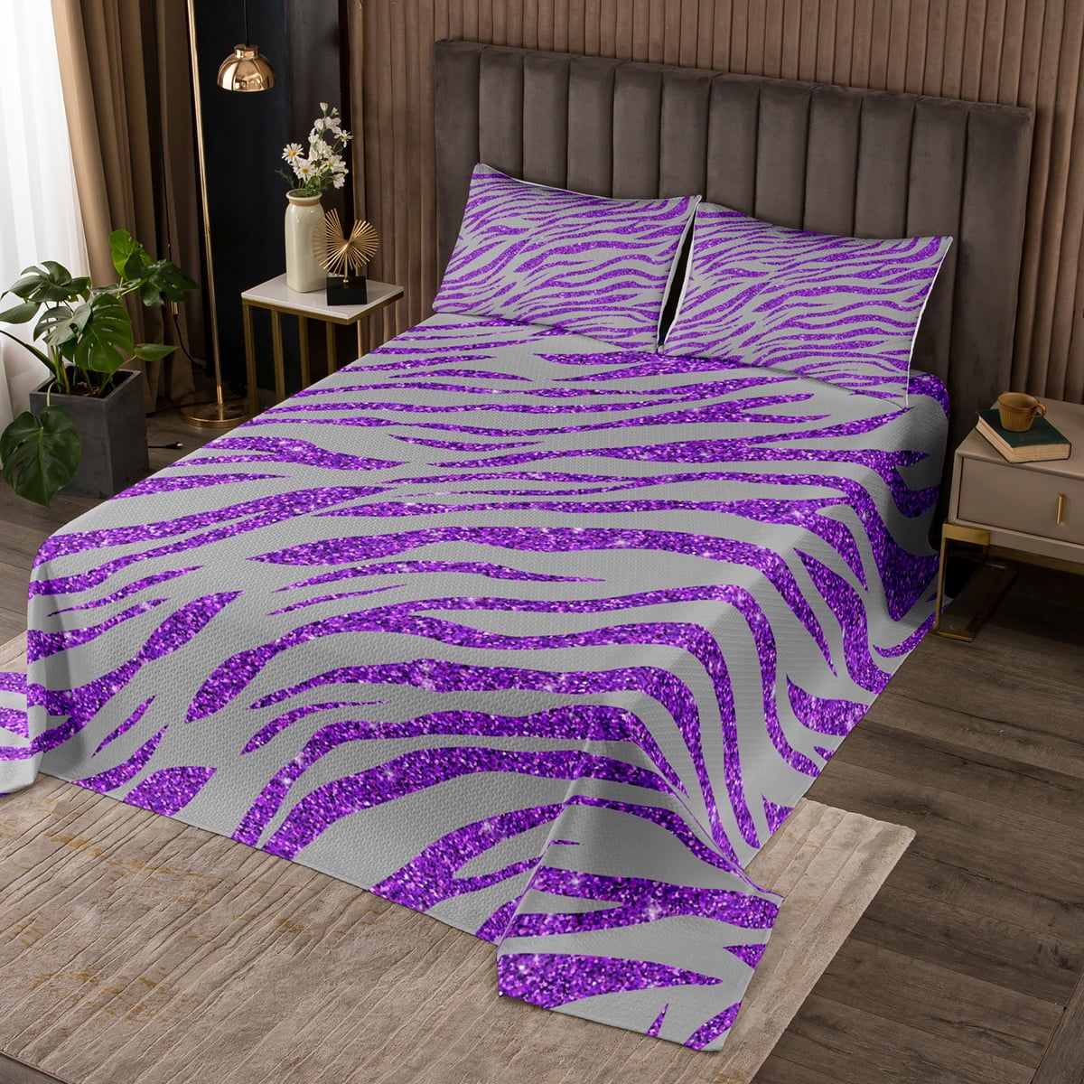 YST Animal Print Bedspread Queen Size Purple Gray Quilt Set, Zebra ...