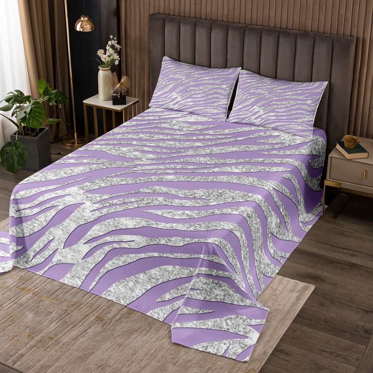 YST Animal Twin Quilt Set Purple Grey Coverlet Set, Zebra Print Bedding ...