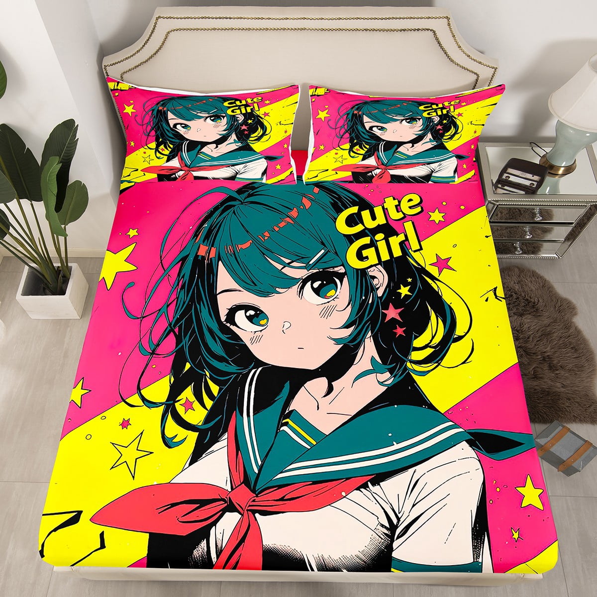 YST Anime Girl Fitted Sheet Kawaii Cute Japanese Girl Bedding Set ...