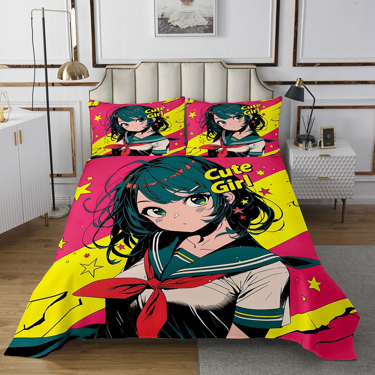 YST Anime Girl Quilt Set Kawaii Cute Japanese Girl Bedspread Set ...