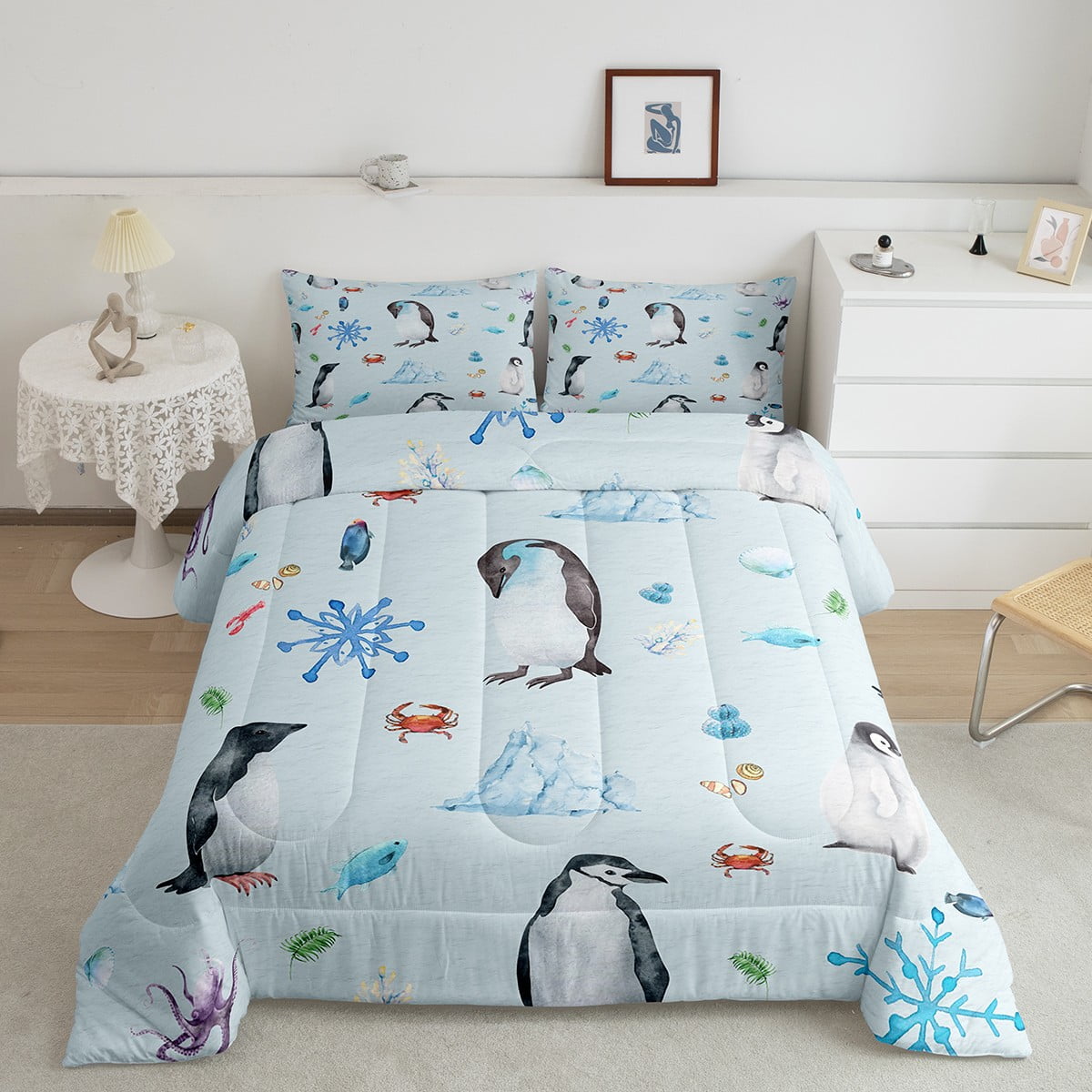 YST Antarctic Penguins Comforter Set,Ocean Creature Crab Octopus Full ...