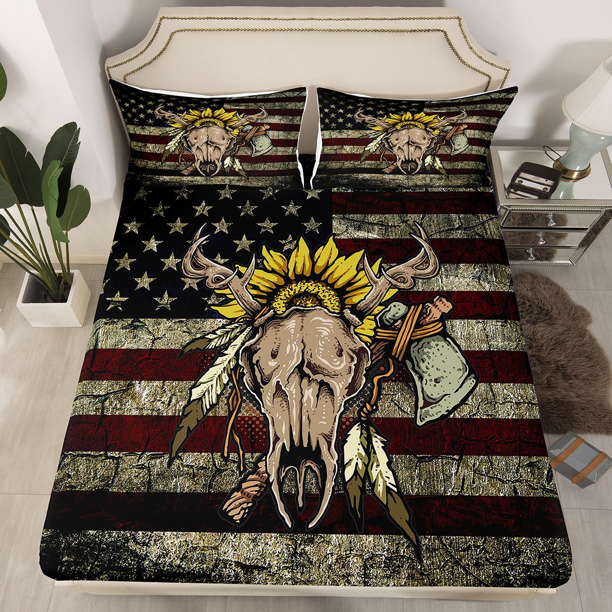 Antlers Skull Bedding Set Vintage American Flag Fitted Sheet Skeleton ...