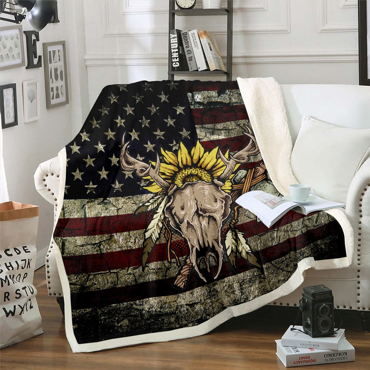 YST Antlers Skull Fleece Blanket Vintage American Flag Fuzzy Blanket ...