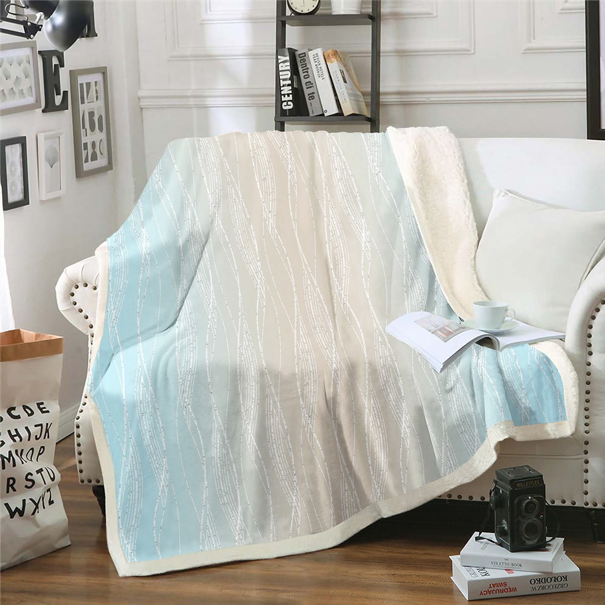 YST Aqua And Beige Ombre Sherpa Blanket Queen 90"X90" Light Sky Blue ...