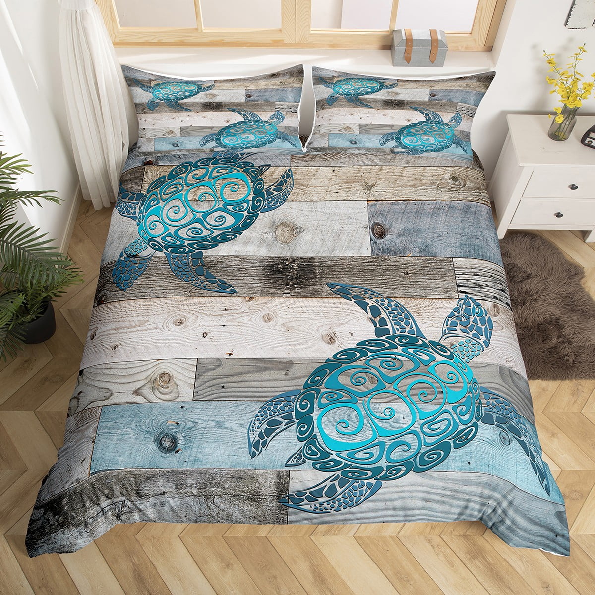 YST Aqua Sea Turtle Bedding Sets Twin Ocean Animal Comforter Cover, Hawaii Beach Bed Set Rustic ...