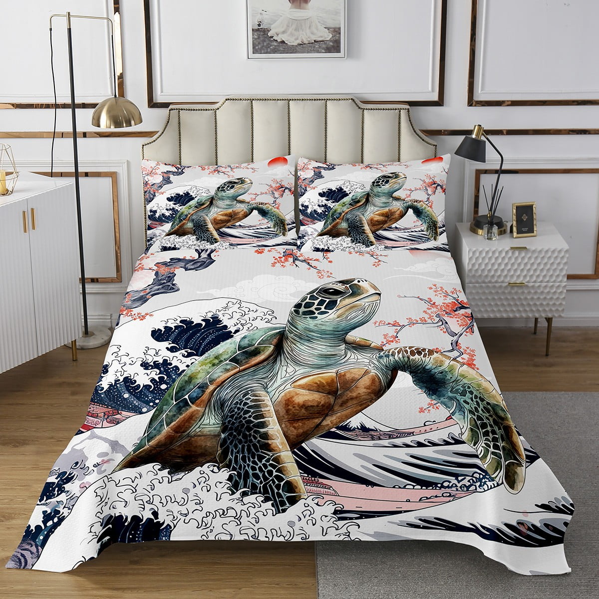 YST Aqua Sea Turtle Coverlet King Size Vintage Japanese Bedding Set ...