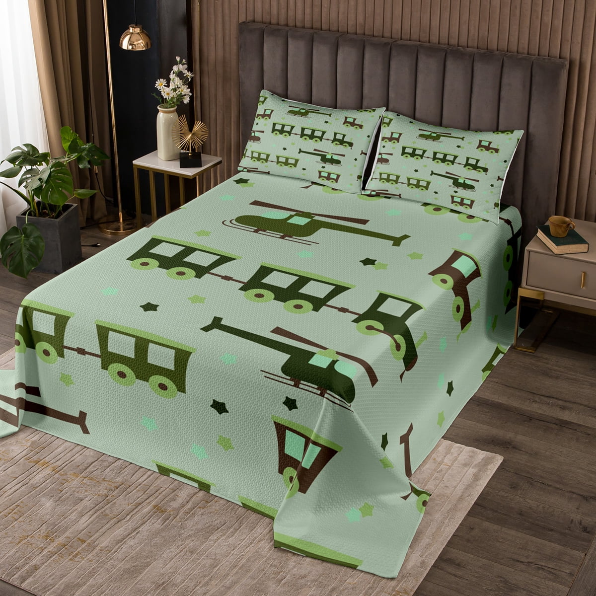 YST Army Helicopter Bedspread Set Airplane Train Quilt Set for Kids ...