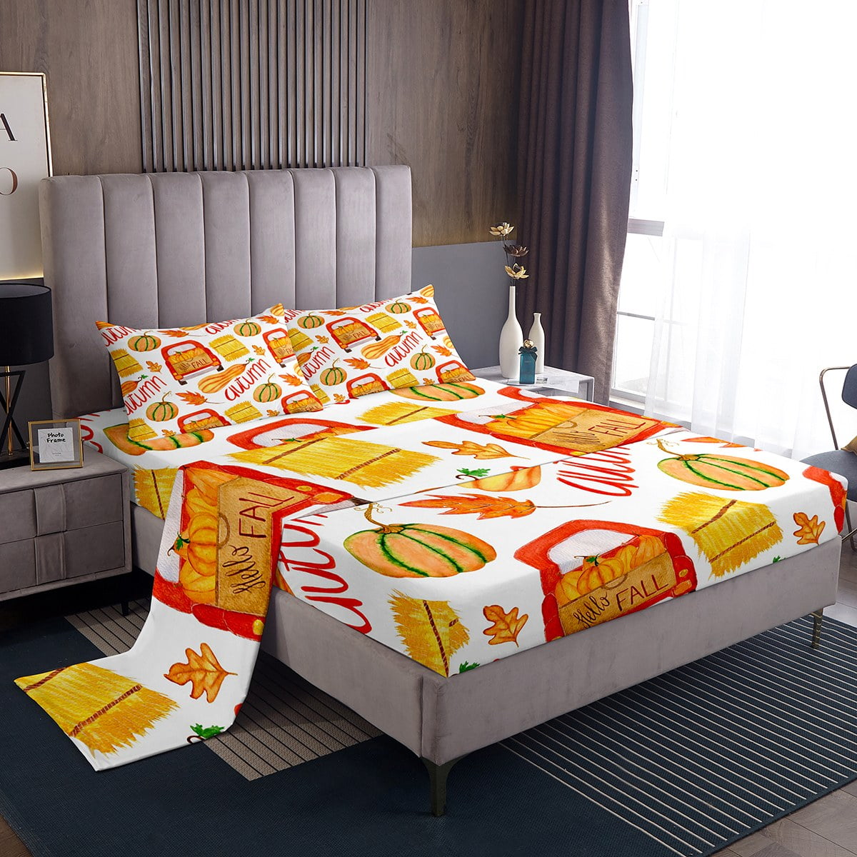 Autumn Decor Bed Sheets Set Full, Pumpkin Sheet Set Fall Leaves Sheets ...
