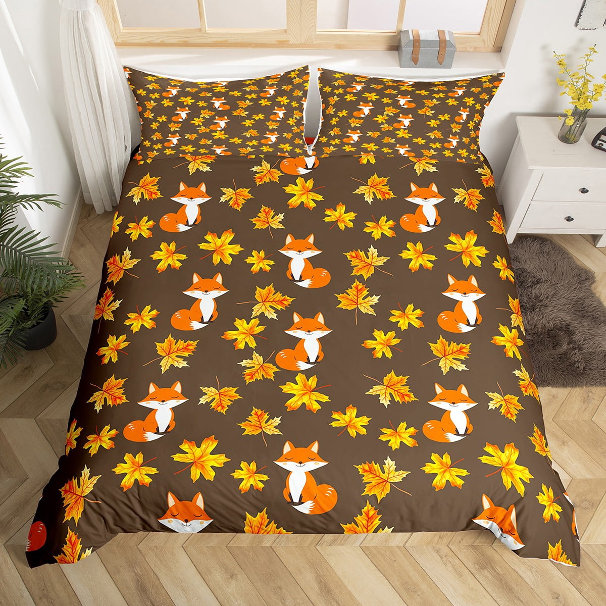 YST Autumn Fox Queen Bedding Set for Kids Boys Girls,Fall Leaves Duvet ...