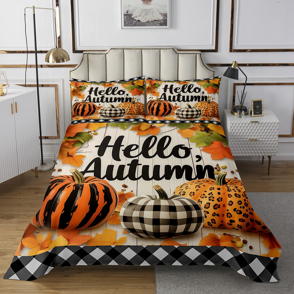 Autumn Pumpkin Coverlet Set King,Rustic Maple Leaf Barn Door Quilt Set ...