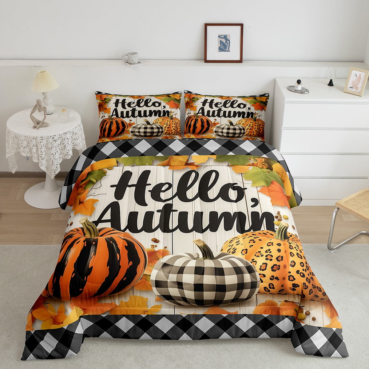 YST Autumn Pumpkin Quilt Comforter King For Kids,Rustic Maple Leaf Barn ...