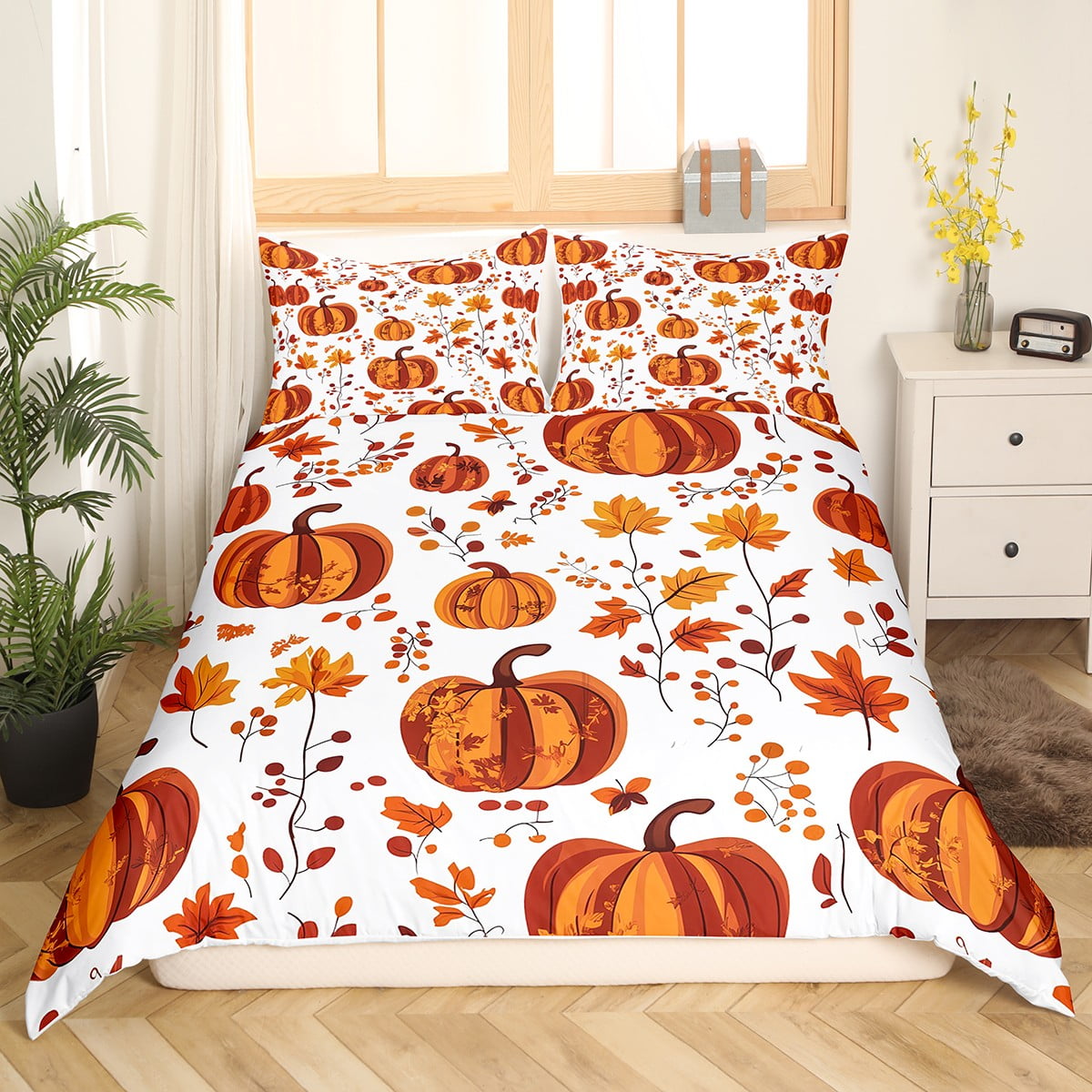 Autumn Pumpkins Comforter Set King Fall Maple Leaf Bedding Sets ...