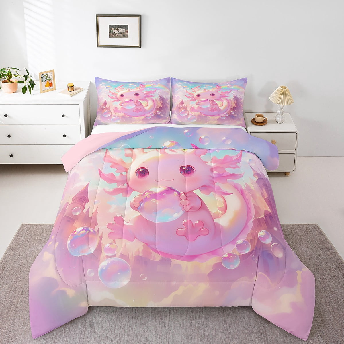 Axolotl Bedding Set King Size Kawaiii Salamander Cute Comforter Set ...