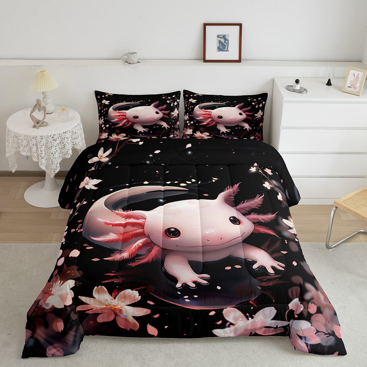 Erosebridal Axolotl Comforter Set Queen Size,Cartoon Axolotl Bedding Set Cute Axolotl Quilt Set ...