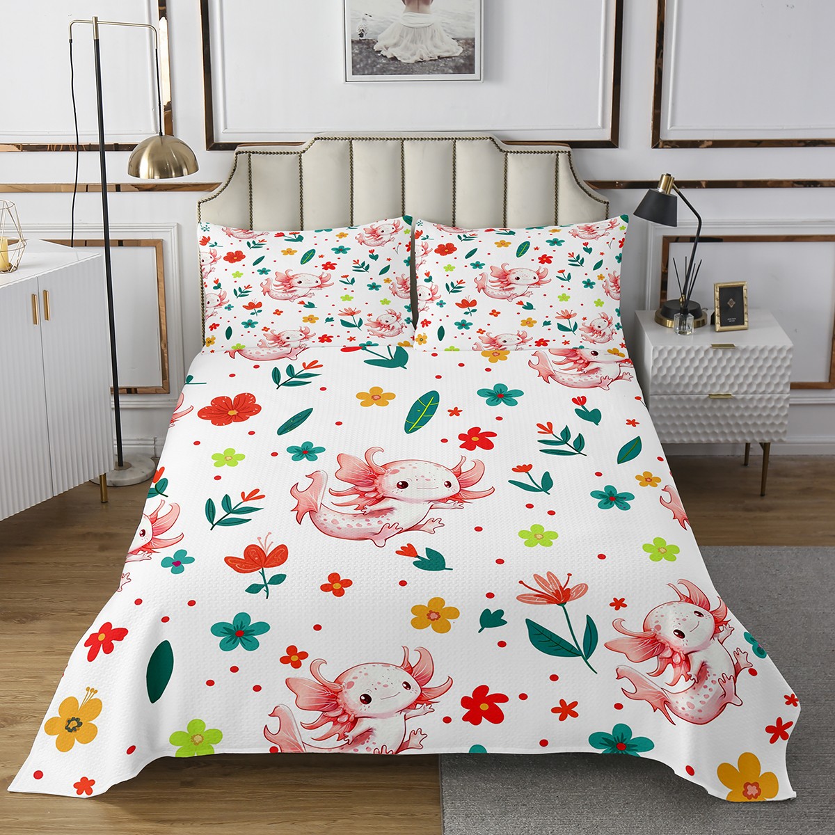 YST Axolotl Coverlet Set Cartoon Axolotl Bedspread Set Queen for Kids ...