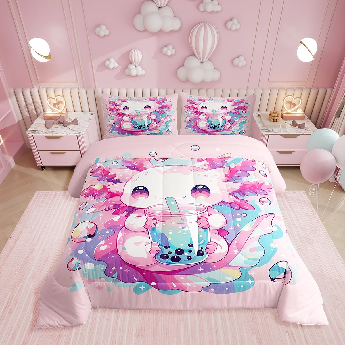 YST Axolotl Quilt Cute Salamander Pattern Kawaii Bedding Set Queen Size Sweet Dessert Milk Tea ...