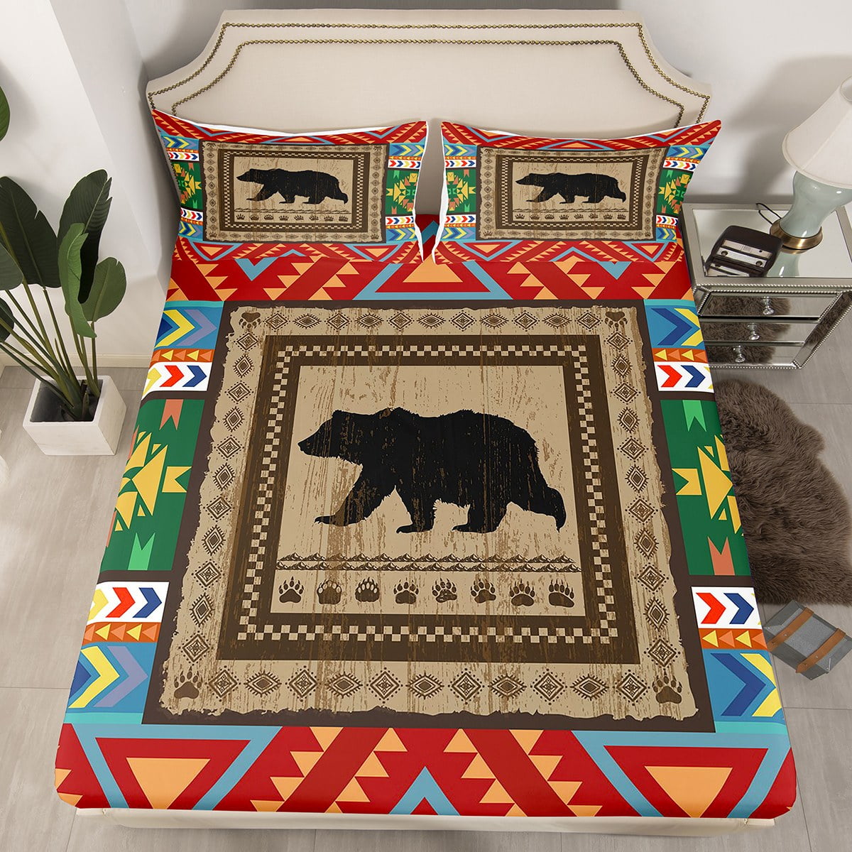 Aztec Bear Fitted Sheet Full Bedding Bear Wild Animals Bed Sheets ...