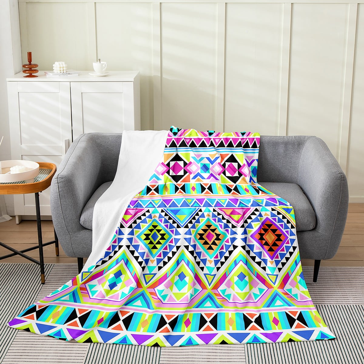 YST Aztec Flannel Fleece Blanket Throw Size Neon Geometric Diamond ...