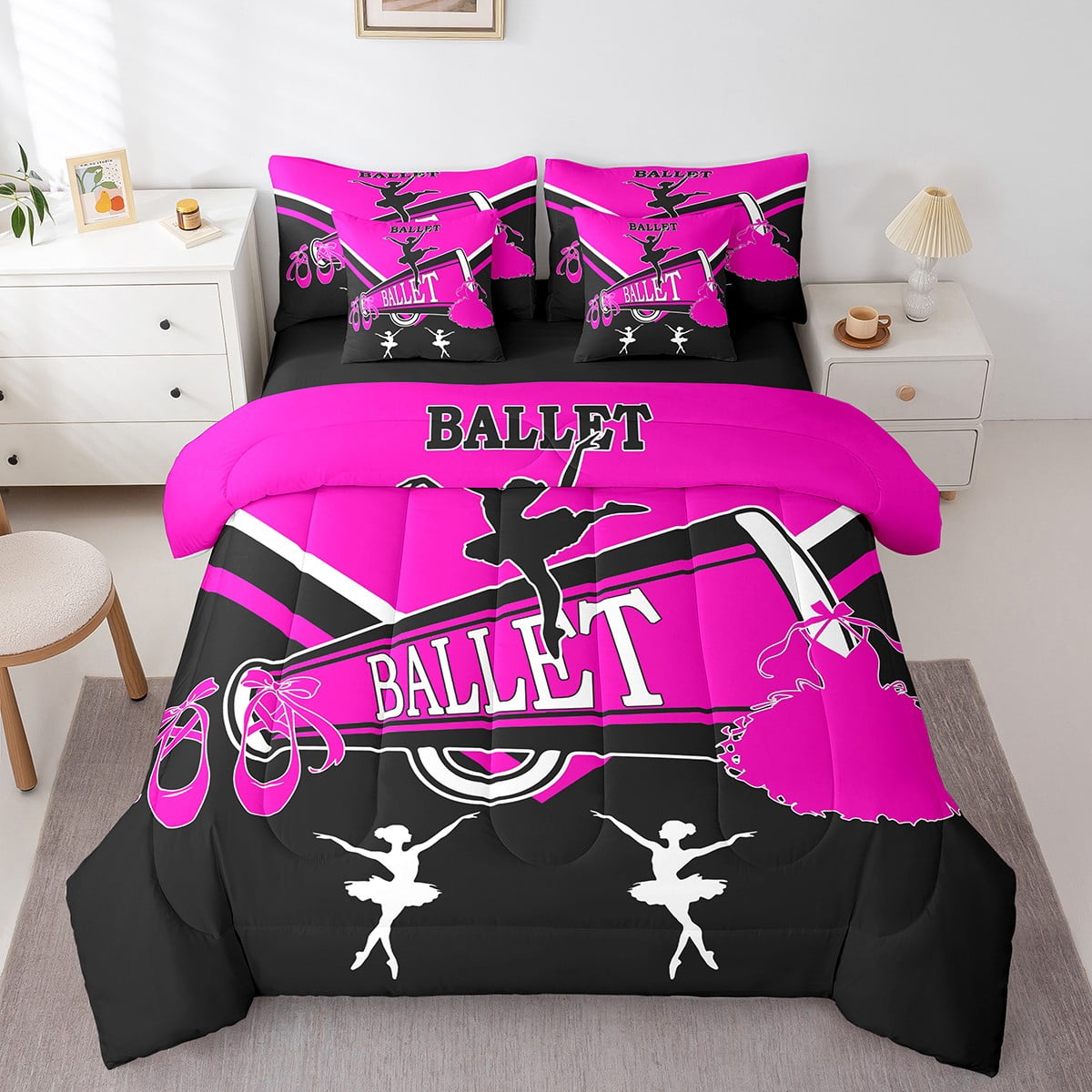 Ballet Bed in a Bag 7pcs Cute Ballerina Bedding Set, Black and Pink ...