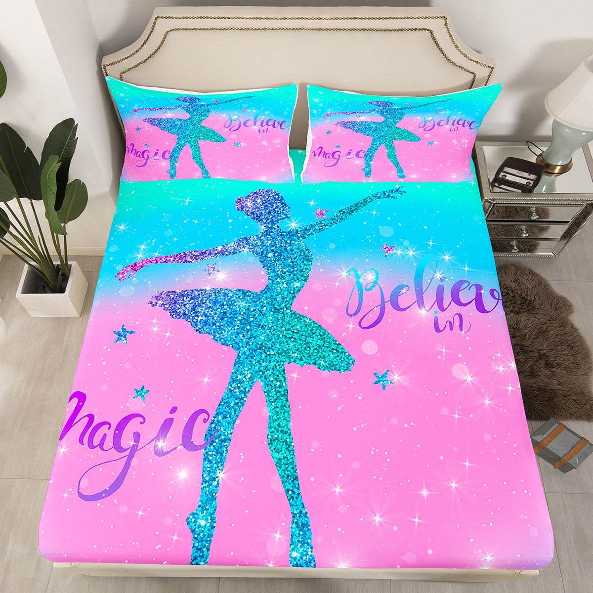 YST Ballet Girl Silhouette Bed Sheets Pink Galaxy Fitted Sheet Twin ...
