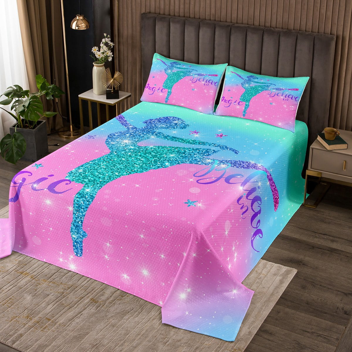 YST Ballet Girl Twin Quilt Set Kids Rainbow Coverlet Set, Girly ...