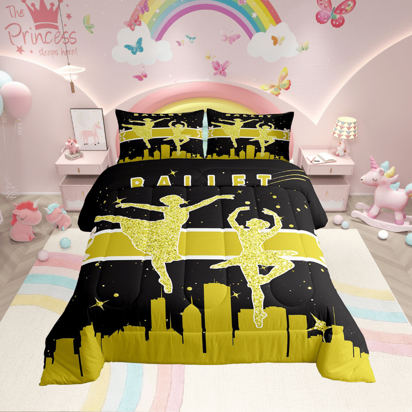 Erosebridal Ballet Comforter Queen Dance Bedding Set, Gold Sparkles ...