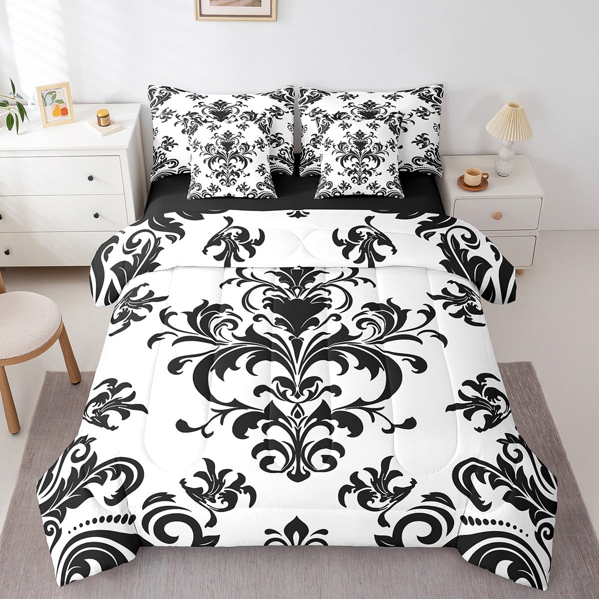 YST Baroque Damask Bed In A Bag 7 Piece Black White Gothic Boho Floral ...