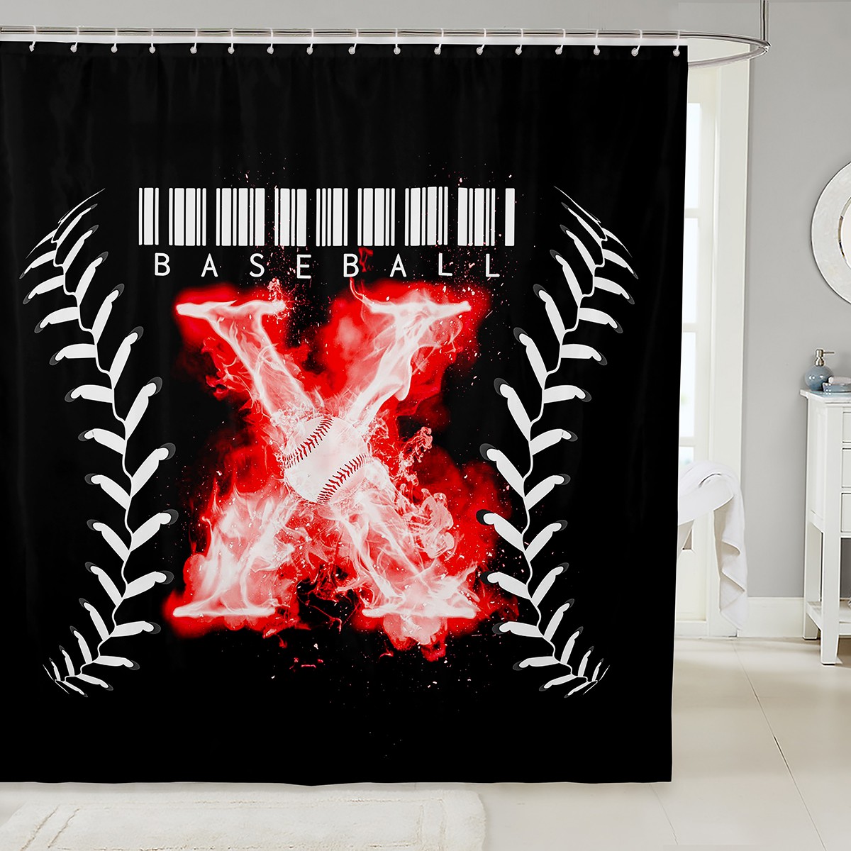 YST Baseball Bath Curtain For Boys Room, Ice And Fire Bathroom Shower ...