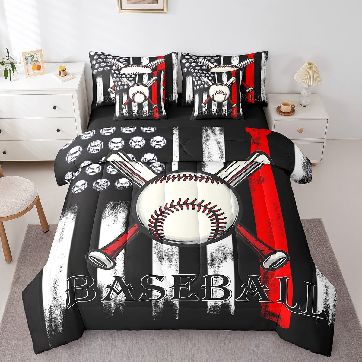 YST Baseball Bed in a Bag Full Comforter Set 7 Piece,Softball Sports ...