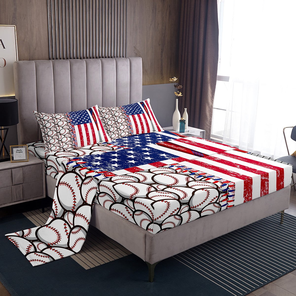 Baseball Bed Sheets Set Vintage American Flag Sheets Twin Size for ...