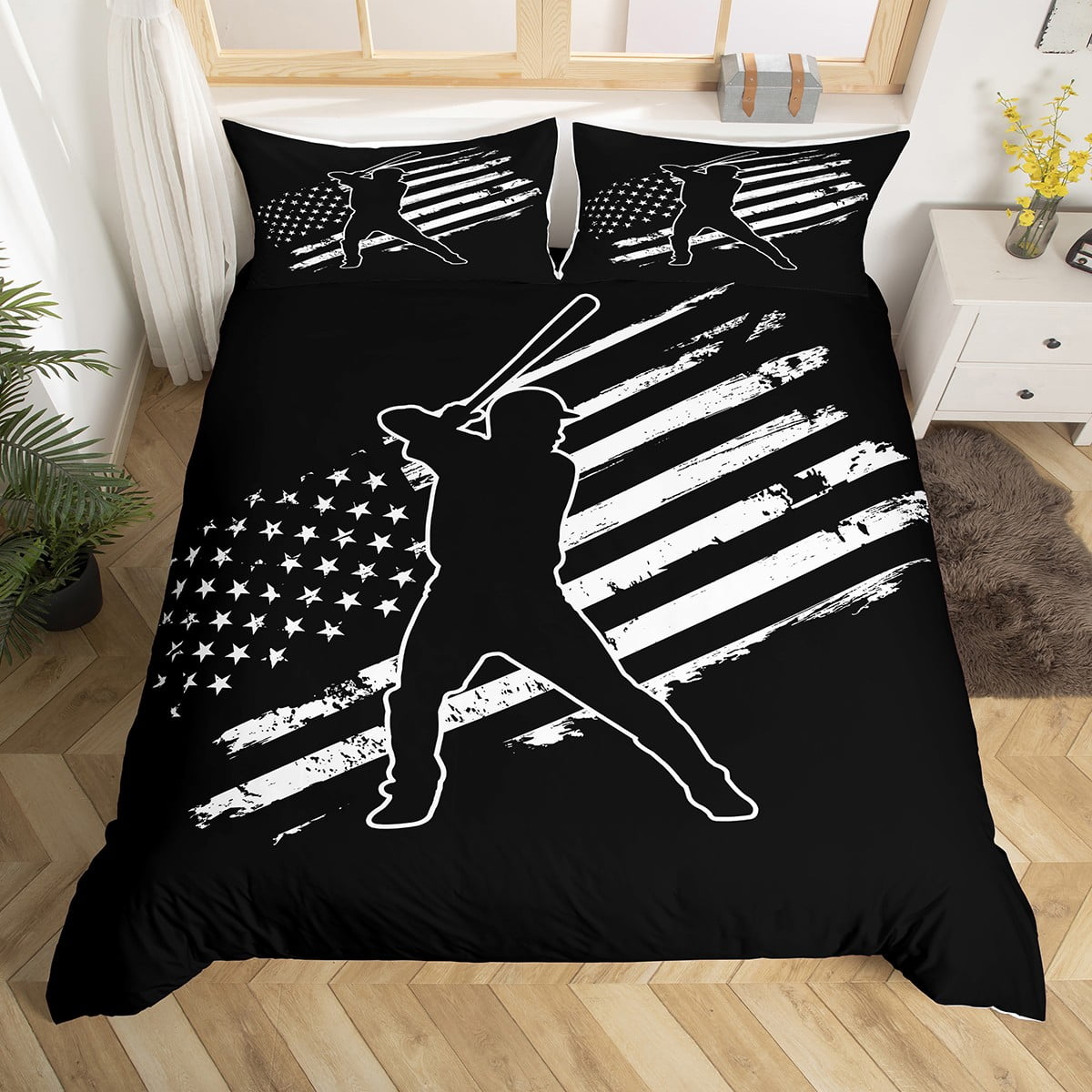 Erosebridal Baseball Bedding Set,King American Flag Duvet Cover,Black ...