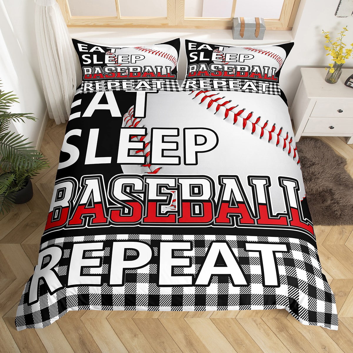 Erosebridal Baseball Bedding Sets for Teens Youth Men,Black Grey Plaid ...