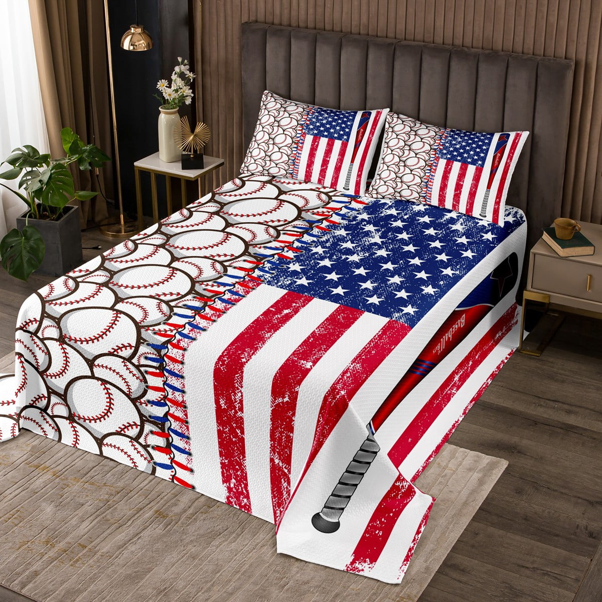 YST Baseball Bedspread Set Vintage American Flag Coverlet Set Twin Size ...