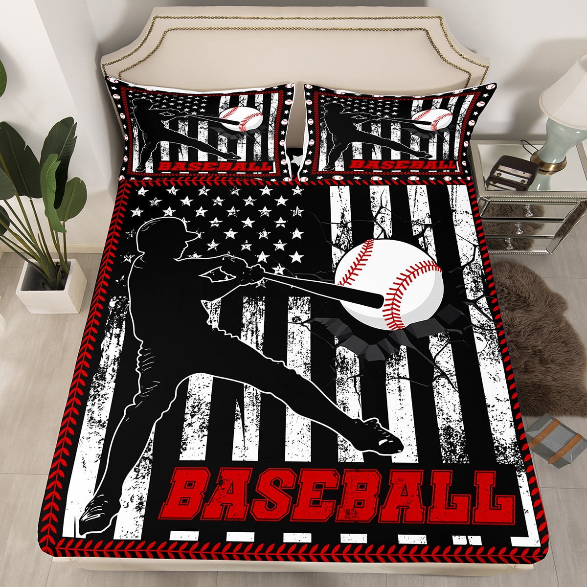 YST Baseball Full Size Bed Sheets For Boys Teens Vintage Amercian Flag ...