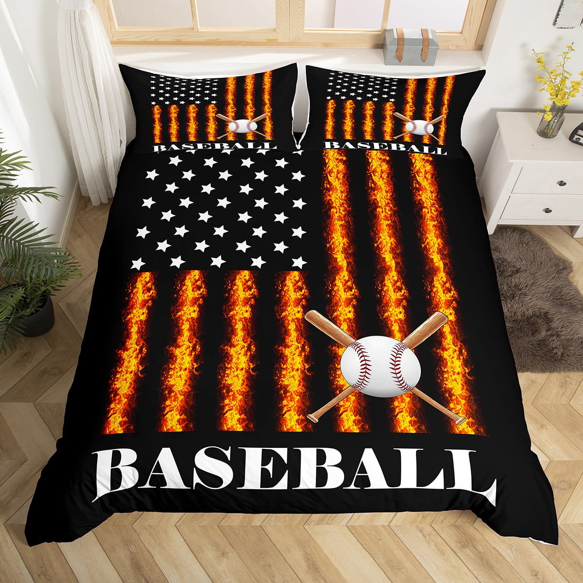 Erosebridal Baseball Print Comforter Cover American Flag Bed Set, Ball Game Duvet Cover King ...