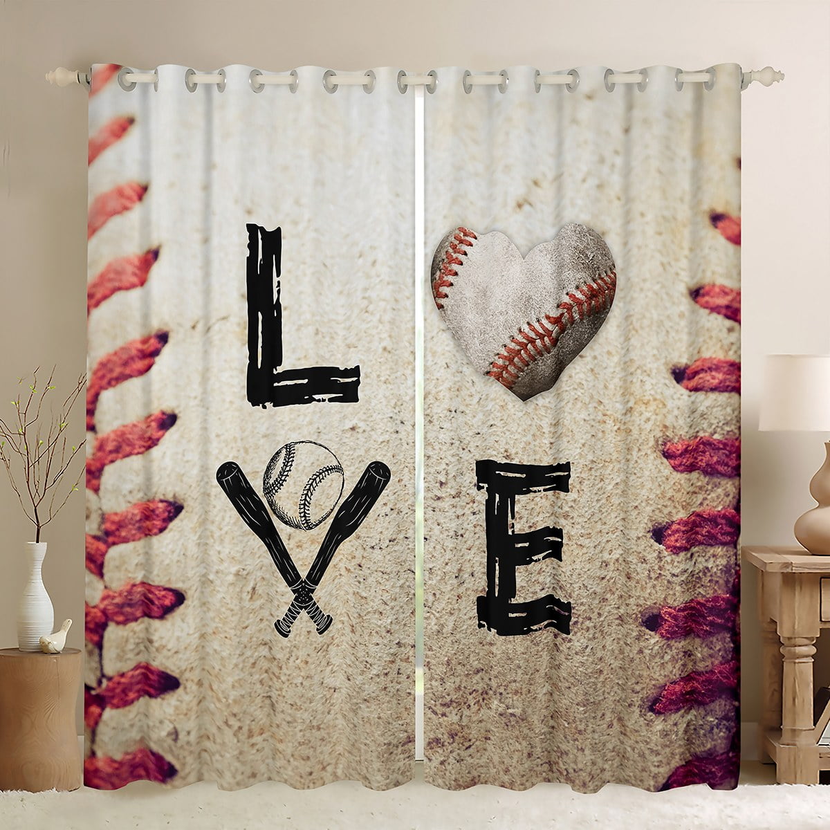 YST Baseball Printed Blackout Curtains Love Heart Print Curtains ...