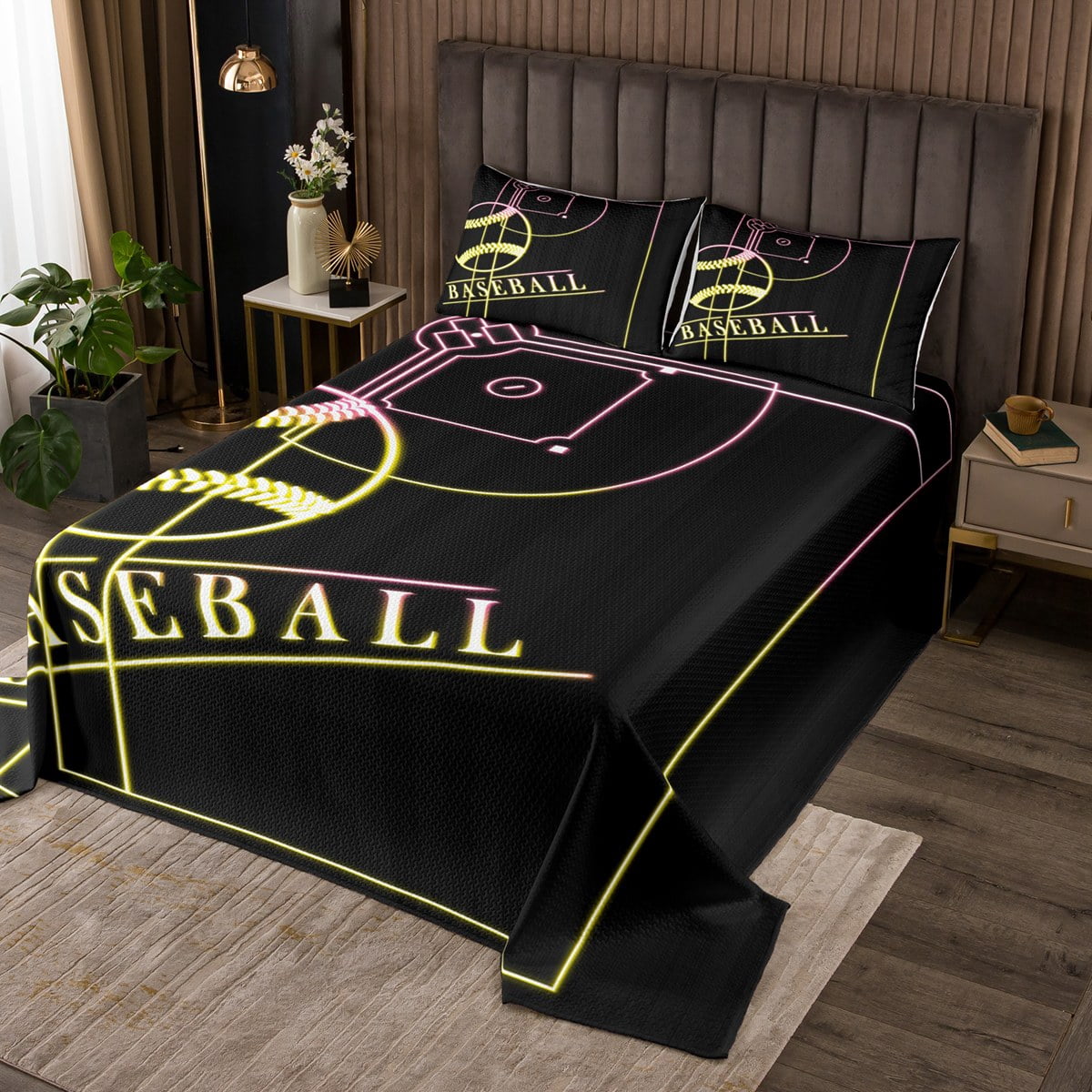 Baseball Queen Quilt Set Sports Coverlet Set Room, Girly Pink Yellow ...