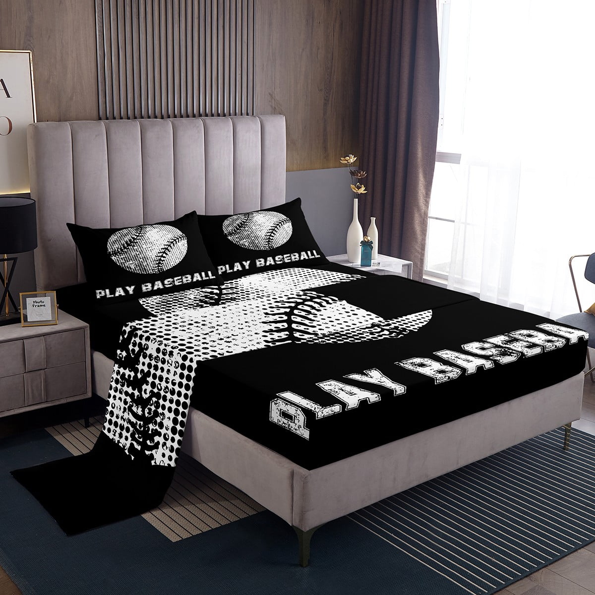 Erosebridal Baseball Sheets Sports Theme Bed Sheets Set King, Black ...