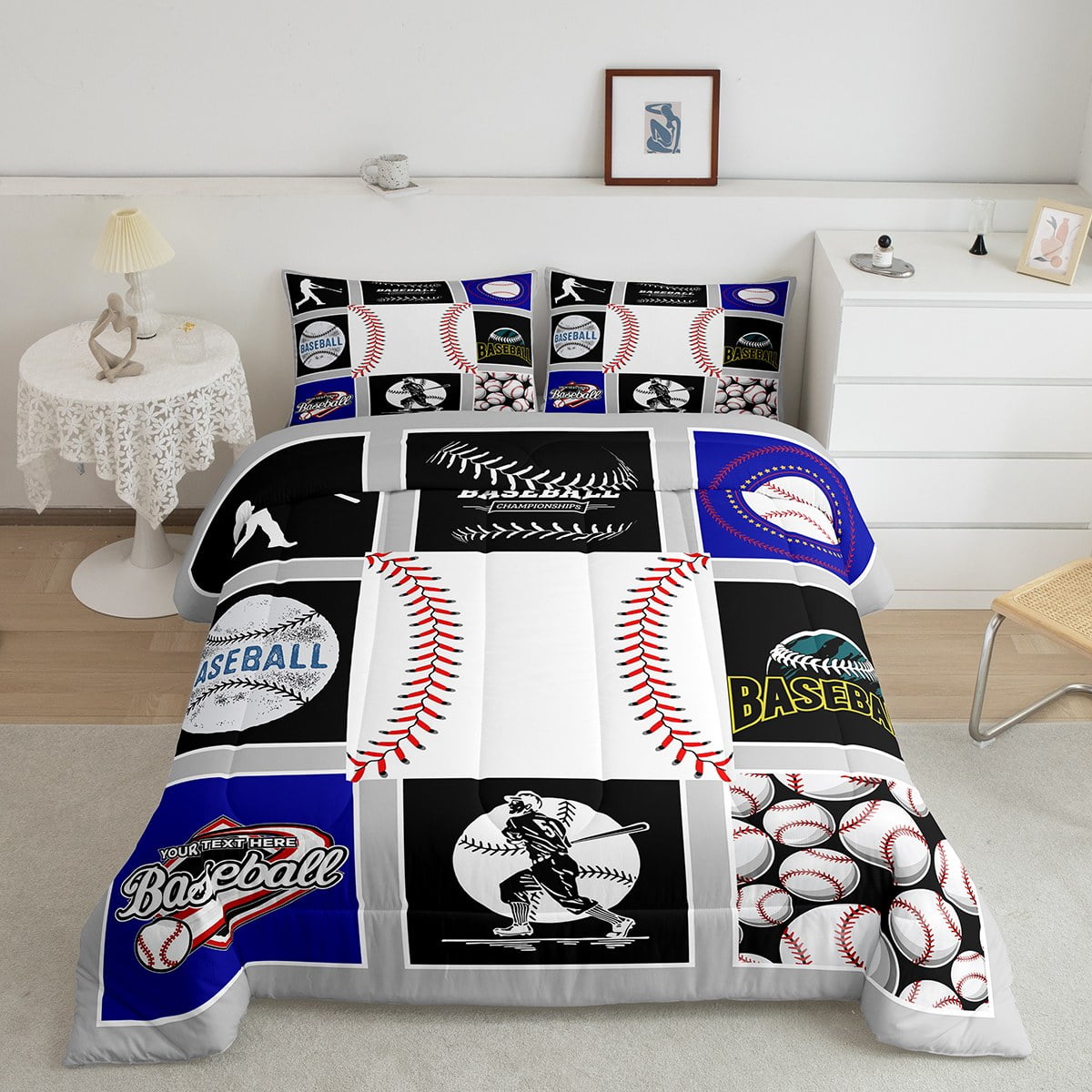 Baseball Theme Bedding King Baseball Patchwork Comforter Set, Ball Game Gamer Duvet Insert Teens ...